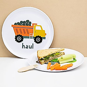 Tiny Expressions – Construction Plates for Toddlers - Set of 4 Melamine Plates for Kids - Mixer, Excavator, Bulldozer, and Dump Truck - Fun Plastic Plates for Kids