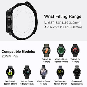 Nereides Band Compatible with Samsung Galaxy Watch 7 6 5 4 40mm 44mm/ Watch 6 4 Classic/Watch 5 Pro/Watch 3 Classic 41mm/Active 2, 20mm Nylon Replacement Sports Strap for Men Women(Black,L)