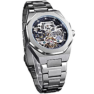 FORSINING Automatic Watch Mechanical Wrist Watch for Men Octagonal Waterproof Skeleton Watches Luxury Diamond Tourbillon Silver Stainless Steel Band
