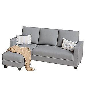 Furniwell Convertible Sectional Sofa Couch, L Shaped 3-Seat Small Couch for Living Room with Ottoman Modern Fabric Reversible Chaise for Apartment and Small Space(Light Gray)