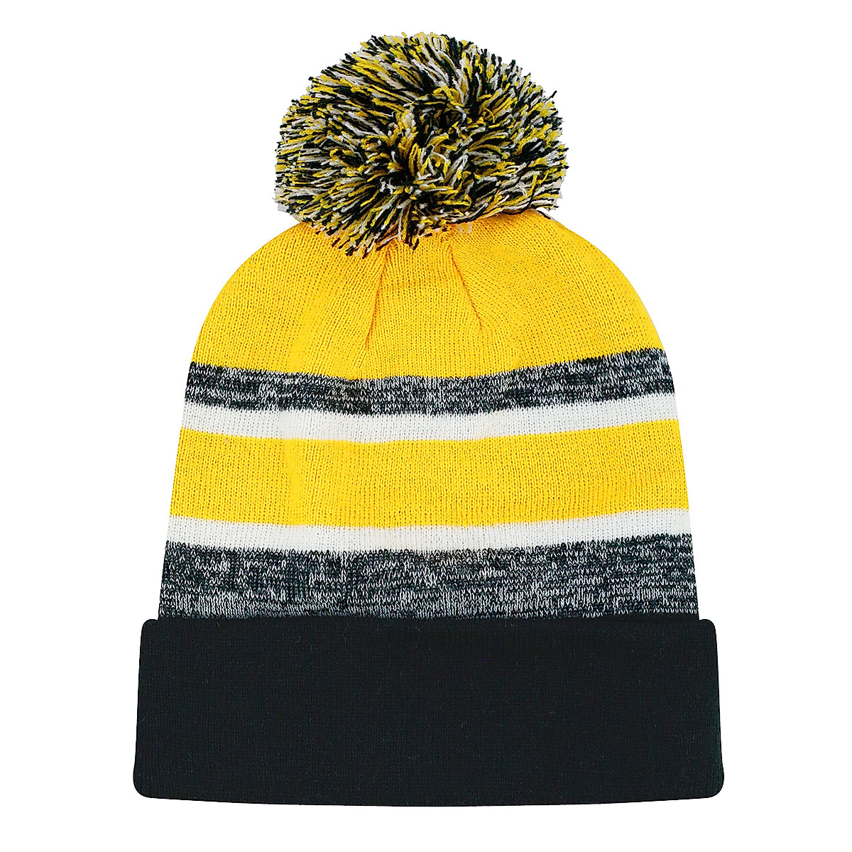 The Hat Depot Winter Soft Unisex Cuff Pom Pom Stripe Knit Beanie Skull Slouch Hat (Black and Gold with Pom)