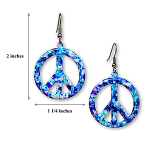 Purple Blue Pink on White Hippie Tie Dye Peace Sign Dangle Earrings (COLORS VARY WIDELY)