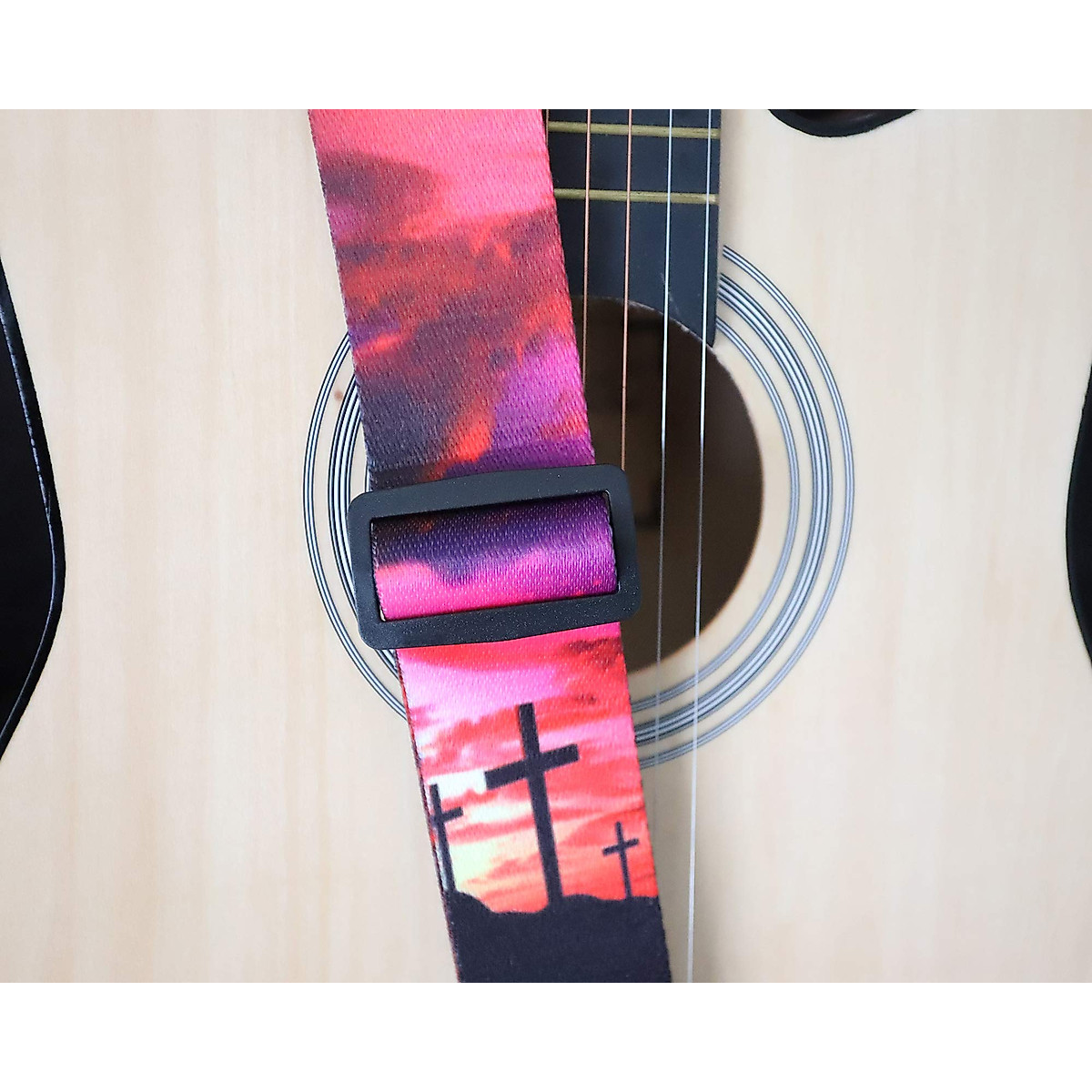 RAUYIVANY Guitar Strap, Sunset Cross Print Pattern with Leather End Guitar Straps, Adjustable Length, with Strap Lock + Button + 3 Picks for Acoustic, Electric, Bass and Classical Guitars