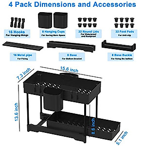4 Pack 2-Tier Under Sink Organizer with Sliding Storage Drawer, Multi-Purpose Under Sliding Cabinet Shelf Basket Collection Organizer Drawer for Bathroom Kitchen with Hanging 8 Cup and 16 Hooks