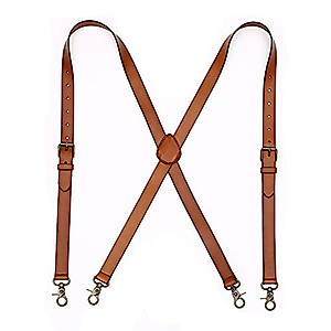 PAHVRION Mens Suspenders X Back Design Leather Suspenders Adjustable Brown Braces Groomsmen Gift for Wedding