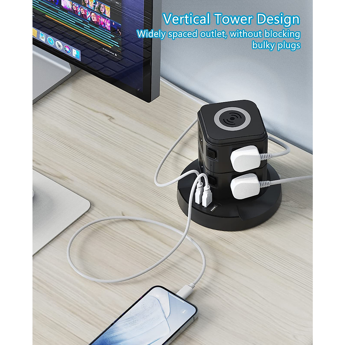 Power Strip Tower Surge Protector, Extension Tower with Wireless Charging, Vertical Charging Station with 8 Plug 3 USB Ports, for Home Office Hotel Dorm,Black
