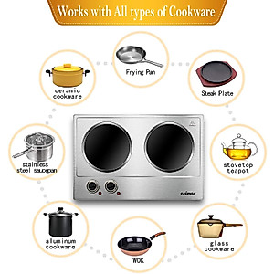Double Burner, CUSIMAX 1800W Ceramic Electric Hot Plate for Cooking, Dual Control Infrared Cooktop, Portable Countertop Burner, Glass Plate Electric Cooktop, Silver, Stainless Steel-Upgraded Version