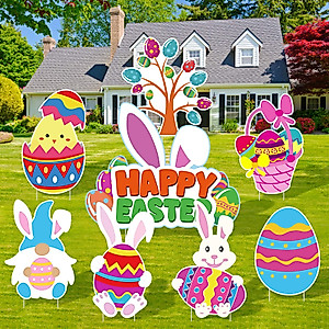 ADXCO 8 Pieces Easter Yard Sign Easter Outdoor Lawn Decorations with Stakes Easter Rabbit Eggs Yard Sign for Easter Party Yard Decor
