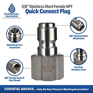 Pressure Washer Quick Connect Fittings by ESSENTIAL WASHER, Stainless Steel 3/8 Inch Female NPT Pressure Washer Plug - Set of 2, Works with Most Stainless Steel or Brass Pressure Washer Couplers