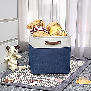 HNZIGE Baskets Fabric Storage Cubes Bins Baskets(3 Pack)Storage Baskets Cube for Shelf, Large Collapsible Organizer Closet Baskets,13x13 Toy Baskets with Leather Handle for Kids, Home, Clothes, Shelf(White&Blue)