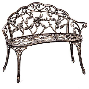 HGS Garden Bench Patio Benches Park Yard Outdoor Bench Furniture Cast Aluminum Rose Antique Metal Porch Path Bench Durable Lawn Bench, Bronze