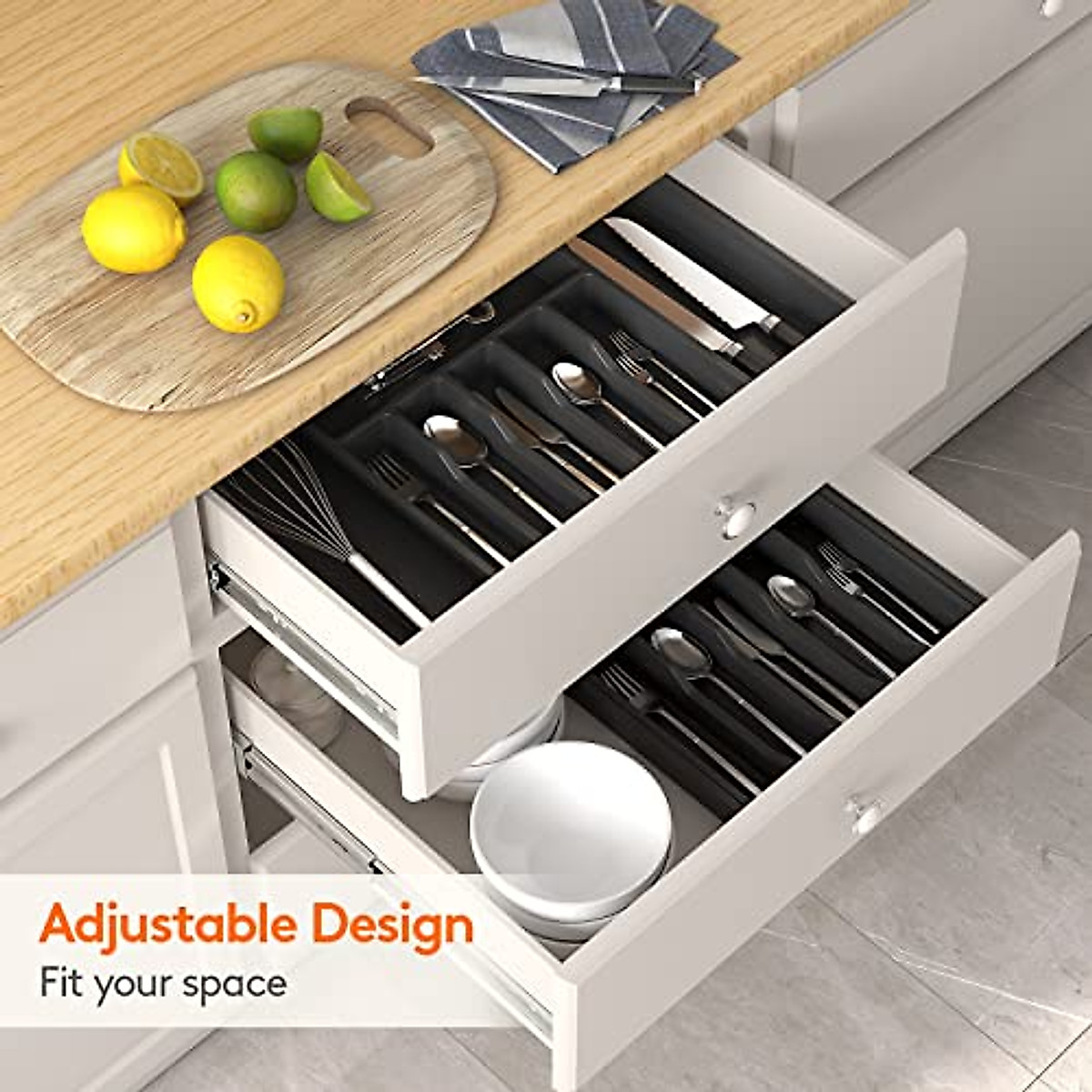 Lifewit Silverware Drawer Organizer, Expandable Utensil Tray for Kitchen, Adjustable Flatware and Cutlery Holder, Compact Plastic Storage for Spoons Forks Knives, Large, Black