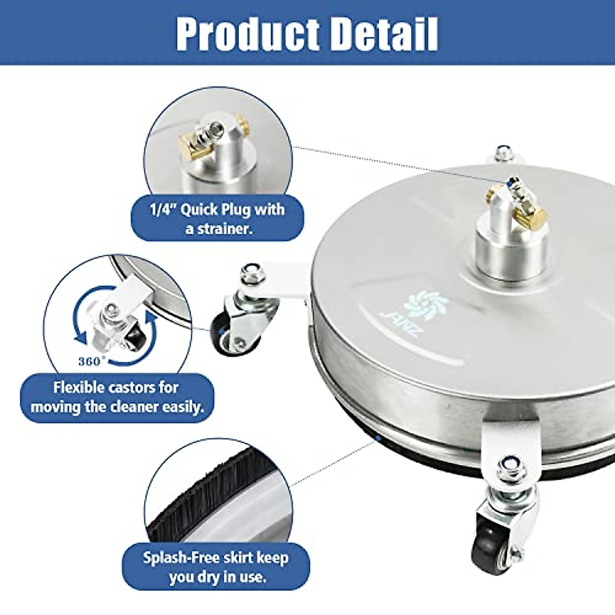 janz 14" Pressure Washer Surface Cleaner with 4 Wheels, Stainless Steel Housing, 1/4" Quick Plug, 2 Extension Wands, 2 Replacement Nozzles and 3 Spray Nozzles, 4000 PSI