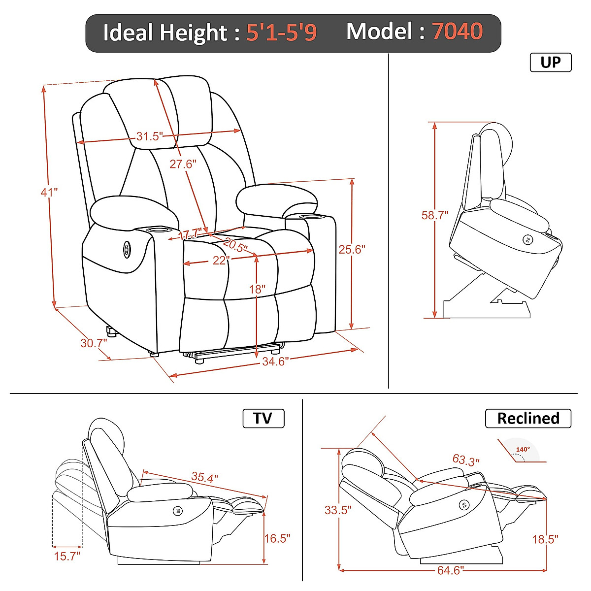MCombo Medium Power Lift Recliner Chair Sofa with Massage and Heat for Elderly, 3 Positions, Cup Holders, and USB Ports, 2 Side Pockets, Fabric 7040 (Medium, Yale Blue)