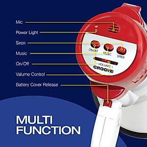 30 Watt Megaphone Bullhorn With Siren & Music, Lightweight Mini Bull Horn With Loud Speaker & Volume Control, 800 Yard Voice Range Mega Phone, Cheering Gifts for Kids & Adults Ages 14 15 16+ Years Old