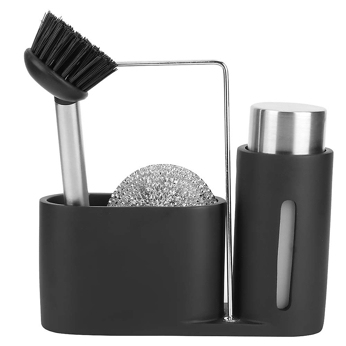 Kitchen Storage Rack with Detergent Dispenser, Steel Wire Ball and Brush Kitchen Sink Tableware Detergent Dispenser Container Dish Cloth Rag Storage Rack Black