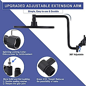 10" Rainfall Shower Head with Handheld Combo, Upgrade 12" Extension Arm Height Adjustable, 3-Way High Pressure Spray, Brass Holder Extra Long Hose, Matte Black