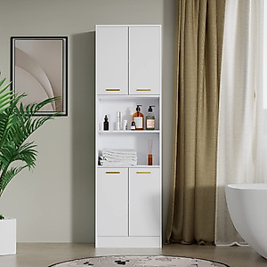 Kitchen Pantry Storage Cabinet 75" Tall 4 Doors Wood Freestanding Cupboard with Open Countertop and Adjustable Shelves Utility Hutch Cabinet for Dining Room Living Room Laundry Bathroom, White