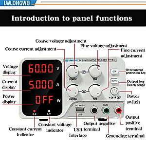 DC Power Supply Variable,60V 5A 300W Adjustable Switching Regulated, DC Bench Power Supply with 4-Digits LED Power Display 5V/2A USB Output, Coarse and Fine Adjustments White