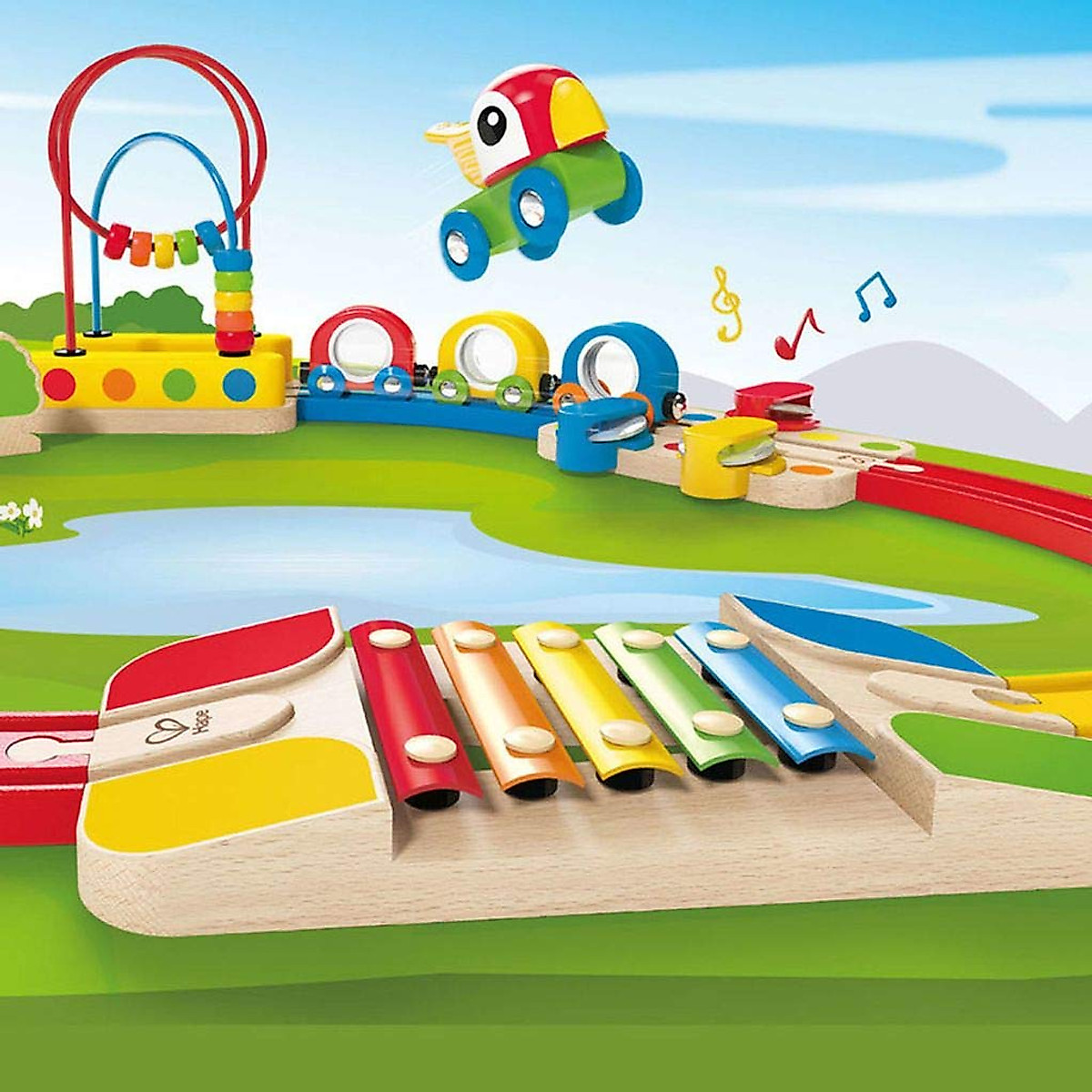 Hape E3815 Rainbow Sights & Sounds Toddler Wooden Railway, Multicolor