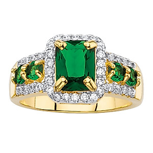 PalmBeach Jewelry Yellow Gold-Plated Emerald Cut Simulated Emerald or Red Ruby and Cubic Zirconia Halo Ring Size 8