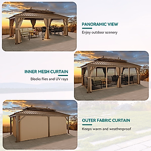YITAHOME 12x20 ft Hardtop Gazebo with Nettings and Curtains, Outdoor Heavy Duty Aluminum Gazebo Combined of Horizontal and Vertical Stripes Roof for Patio, Backyard, Deck, Lawns and Balcony (Bronze)