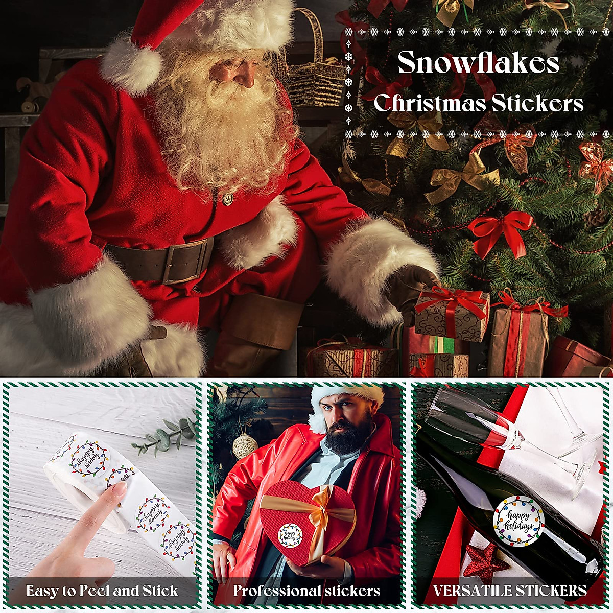 Epakh 1000 Pcs 1.5 Inch Happy Holiday Stickers Christmas Sticker for Envelopes Circle Label Holiday Lights Sticker Round Xmas Tag Envelope Seal Decals for Christmas Greeting Card (Black)