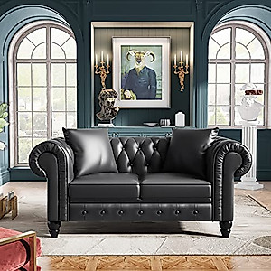 Pannow 63 Inch Upholstered Loveseat Sofa, Classic Chesterfield Couch with 2 Pillows and Roll Arms, Button Tufted PU Leather Sofa for Living Room Bedroom Guest Room, Black