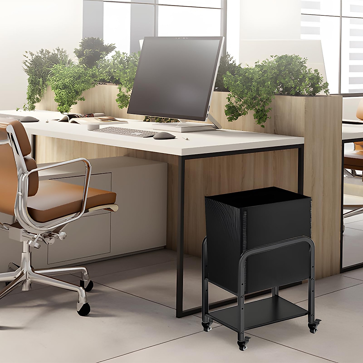 Computer Tower Stand, 360Tronics Adjustable Desktop ATX-Case CPU Holder, 2-Tier PC Rolling Stand Mobile Steel Desktop Case Stand Cart with 4 Locking Wheels for Office Home, Black