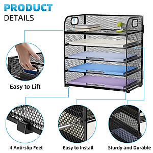 Marbrasse 5 Tier Paper Organizer Letter Tray, Mesh Desk File Organizer with Handle, Paper Sorter Desk Organizer for Home Office Supplies(Black)