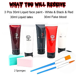 Bowitzki Cream Face Paint Halloween Makeup Kit Water Based Liquid Latex Fake Blood Brush Sponges Body Painting Special Effects SFX Zombie Vampire Monster Christmas Party red black white(Halloween Kit)