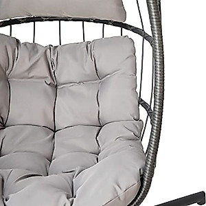 Flash Furniture SDA-AD608001-GY-GG Cleo Patio Hanging Egg Chair, Wicker Hammock with Soft Seat Cushions & Swing Stand, Indoor/Outdoor Cushions, Gray