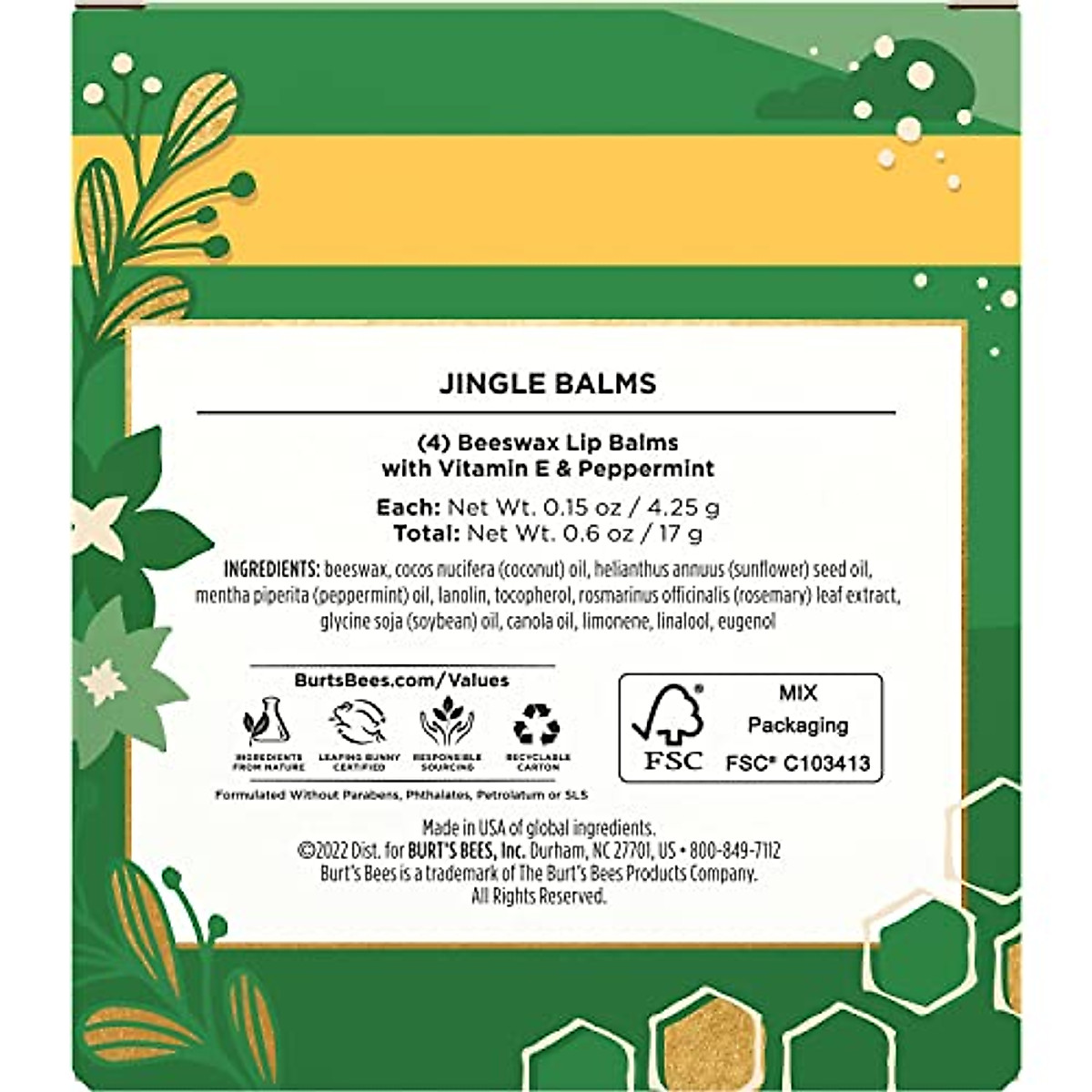 Burt's Bees Christmas Gifts, 4 Lip Balm Stocking Stuffers Products, Jingle Balms Set - Classic Beeswax Moisturizing Lip Balm