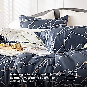 Bedsure Twin Comforter Set - Twin Bed Set 5 Pieces, Reversible Navy Blue Bed in a Bag Tree Branch Pattern Printed with Comforter Twin Size, Sheets, Pillowcase & Sham