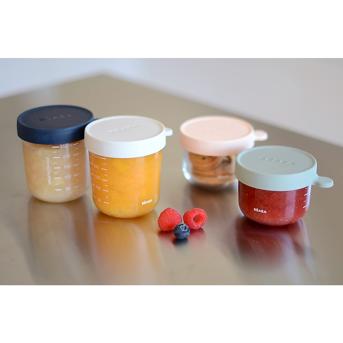 BEABA Glass Baby Food Container with Lid Set of 4, Glass Food Storage Containers with Airtight Lid, Baby Food Glass Jars, Baby Essentials, Freezer Microwave Safe, 5 and 8 oz Jars, (Eucalyptus)