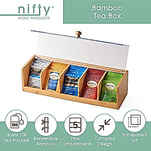 Nifty Solutions Bamboo Tea Box | 5 Compartment Tea Bag Storage | Stores up to 100 Tea Packets | Natural Wooden Tea Box | Tea Storage Containers | Organize Tea, Jewelry & Small Items