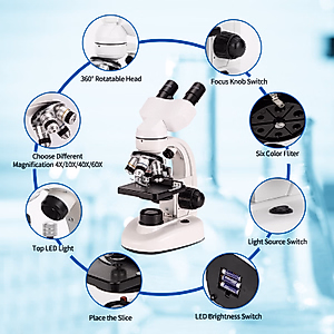 Compound Binocular Microscope, WF10x and WF25x Eyepieces,40X-2000X Magnification, LED Illumination Two-Layer Mechanical Stage microscopes for Adults