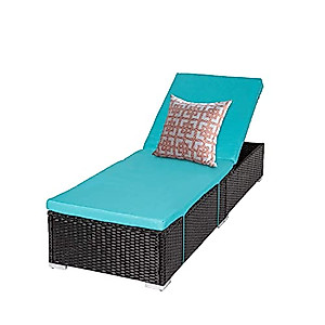JSUN7 Outdoor PE Wicker Lounge Chair - Rattan Chaise Lounger with Blue Cushion and Adjustable Backrest Recliner