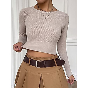 SOLY HUX Women's Fitted Ribbed Crewneck Long Sleeve Crop Tops Tee Shirts Solid Mocha Brown L