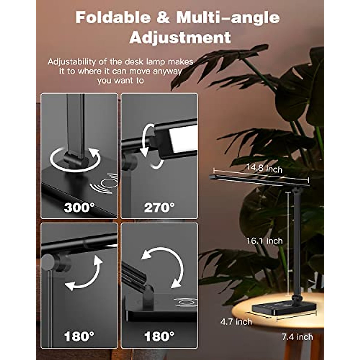 AGEARSUK LED Desk lamp, Desk Lamp with USB Charging Port for Home Office, Dimmable Desk Lamp with Wireless Charger, Eye-Caring Reading Lamps, Touch Control Study Lamps for Dorm (Adapter Included)