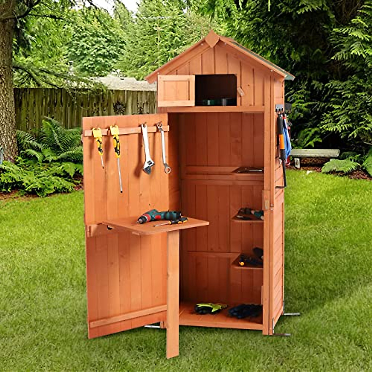 B BAIJIAWEI Outdoor Storage Shed - Waterproof Garden Storage Cabinet with Lockable Doors - Utility Tool Storage Organizer for Backyard, Patio, Garden Deck (Wood)