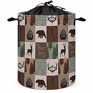 Brebasf Rustic Wildlife Bear Foldable Laundry Basket,Moose Abstract Retro Cabin Adventure Theme for Blanket, Toys, Dirty Clothes In, Bathroom, Bedroom 13.8"W x 17.3"H