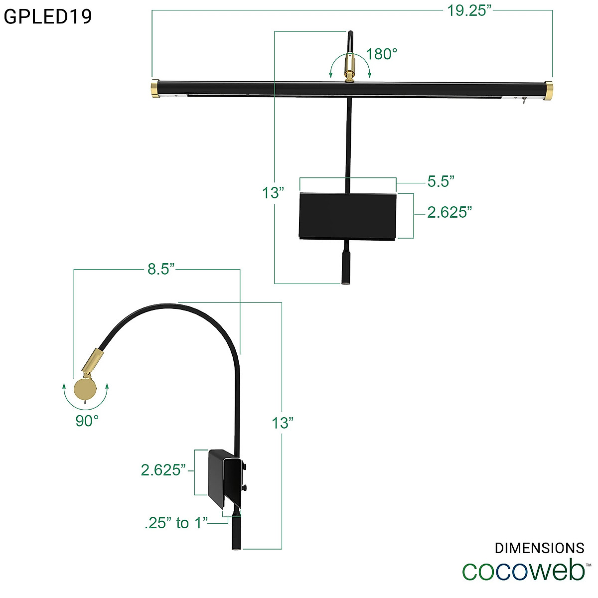 Cocoweb 19" Grand Piano Lamp - Adjustable, Black with Brass Accents, LED Clip-on with Dimmer - GPLED19D