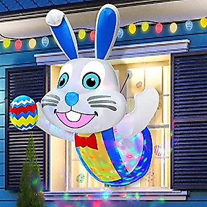 TURNMEON [ Rotating Colorful Lights ] 4 Ft Easter Inflatable Decoration Outdoor Blow Up Bunny Holds Color Egg Lean Out from Window with Built-in LED for Yard Lawn Garden Indoor Easter Decoration Party