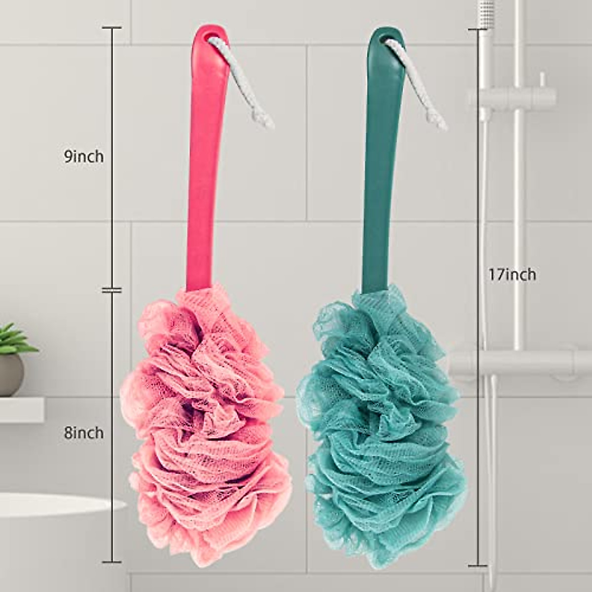 2Pack Back Scrubber for Shower, Evmliy Loofah Sponge Brush Exfoliating Body, Long Handle Scrub Brush for Shower with Loofah on a Stick for Back Use, Bathing Accessories Body Brushes (2Pack)