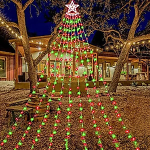 350 LED Christmas Decorations Star Light Outdoor Waterfall Lights Christmas Tree Lights Easy Installation Waterproof Christmas Lights for Yard Wedding Party Home Garden Indoor Outdoor (red Green)