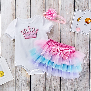 Infant Baby Girls 1st Birthday Outfit Short Sleeve Romper + Tulle Tutu Rainbow Ruffle Skirt + Headband Clothes Set (Crown,66/3-6 M,Unisex,US,Age,Big Kid,3 Months,6 Months)