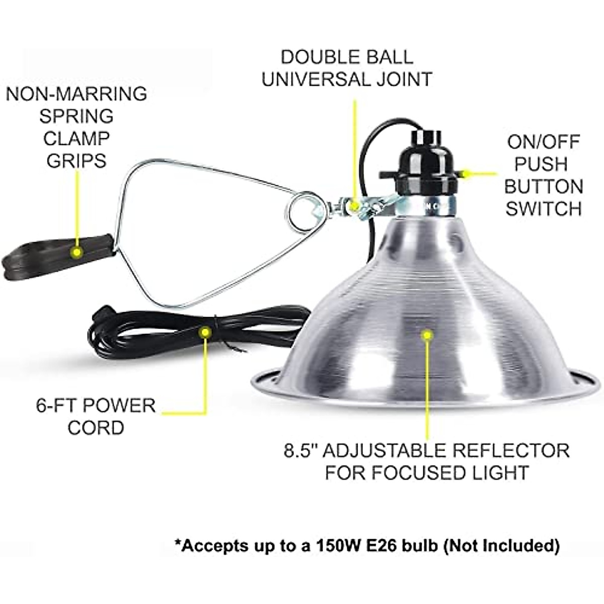 Simple Deluxe 150W Reptile Heat Bulb and 8.5 inch Clamp Light, 40-108℉ Digital Thermostat Controller and Thermometer Included, for Amphibian Pet & Incubating Chicken, Silver