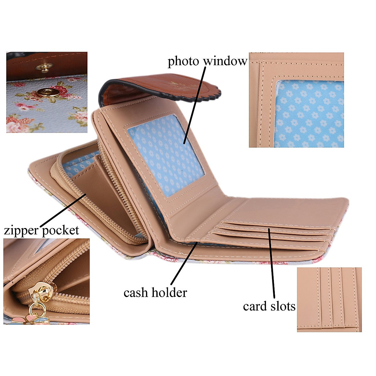 Adoptfade Womens Small Wallet Floral Coin Purse Card Holder,Light Blue