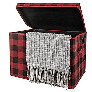 Sammy & Lou Buffalo Check Felt Toy Box; Red, Black; Collapsible; Two Handles; Hinged Lid; 22 in x 14.5 in x 15 in